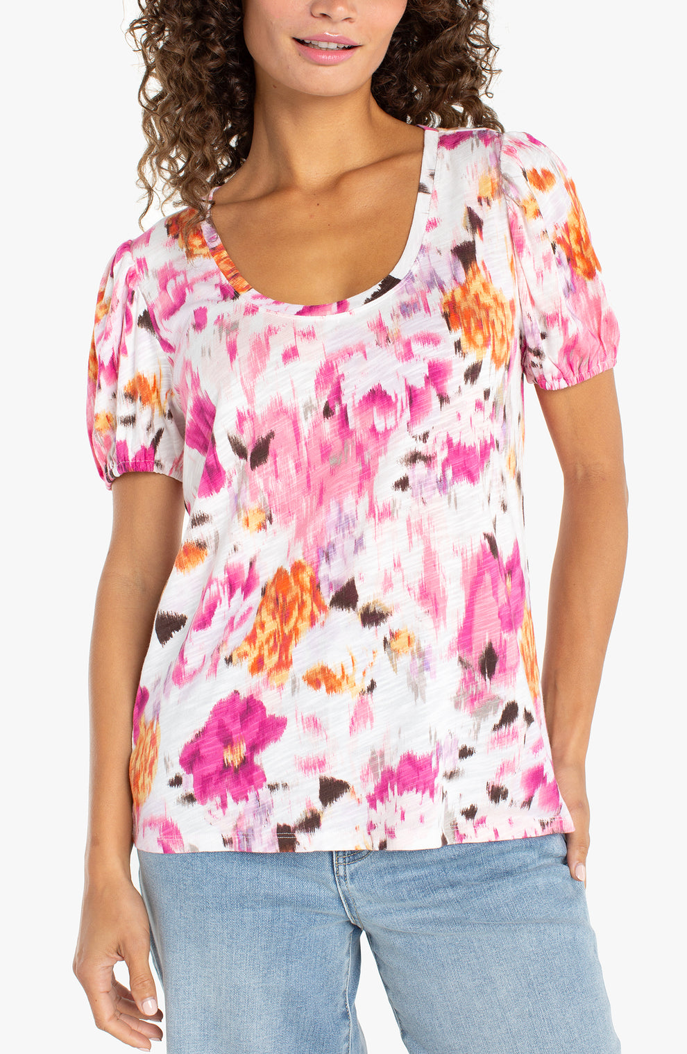 SALE LIVERPOOL PUFF SLEEVE SCOOP-NECK TOP - PINK MULTI – Kaufman Shoes